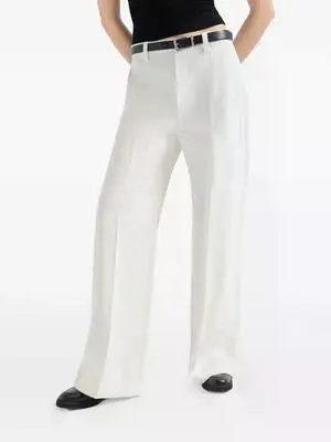 Brunello Cucinelli Cotton And Paper Yarn Diagonal Loose Flared Trousers With Monili