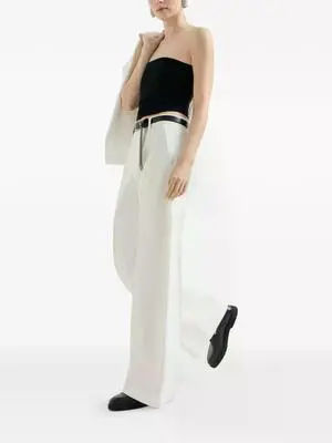 Brunello Cucinelli Cotton And Paper Yarn Diagonal Loose Flared Trousers With Monili