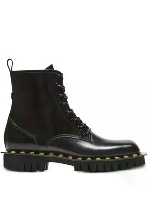 Balmain Glazed Leather Studded Lace-up Boots - Black