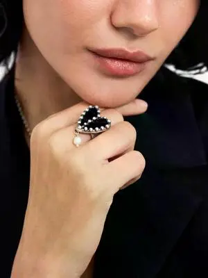 POISONED HEARTS Heart Shaped Ring With Pendant Detail