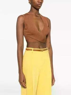 Elisabetta Franchi Ribbed Crossover Knit Top With Gold Detail - Brown