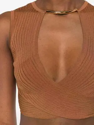 Elisabetta Franchi Ribbed Crossover Knit Top With Gold Detail - Brown
