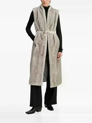 GAUDI Sleeveless Tie Belt Faux Fur Jacket - Grey