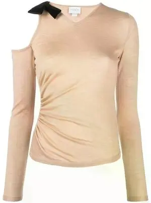 Giambattista Valli Camel Brown Cashmere-silk Blend Bow Detail Cut-out Jumper - Neutrals