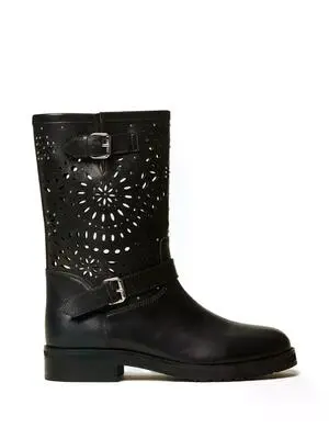 TWINSET Leather Biker Boots With Perforated Detailing