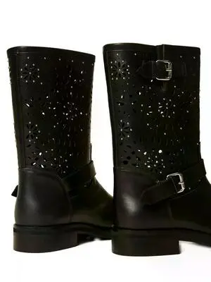 TWINSET Leather Biker Boots With Perforated Detailing