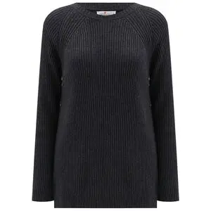 PERALUNA Cashmere Blend O-neck Ribbed Slit Pullover - Anthracite Melange