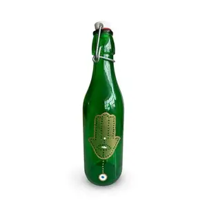 CASA DUNIYA Hand-painted Hamsa Artisan Swing-top Water Bottle – Vibrant - Green