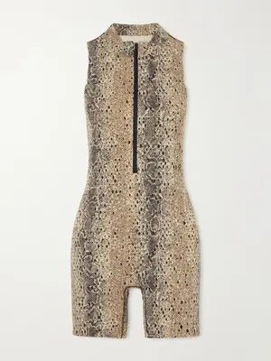 On Zendaya Train Volt Half-zip Snake-print Recycled Stretch-jersey Playsuit - Neutrals