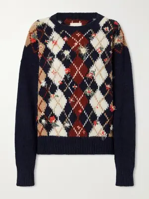 Khaite Timi Checked Embroidered Cashmere And Mohair-blend Sweater - Blue