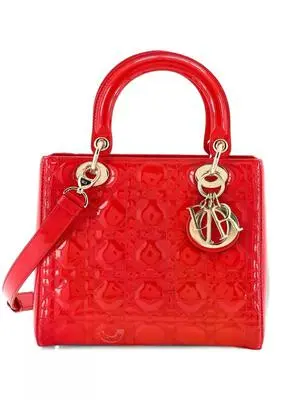 Dior Lady Bag Cannage Quilt Patent Medium Satchel - Red