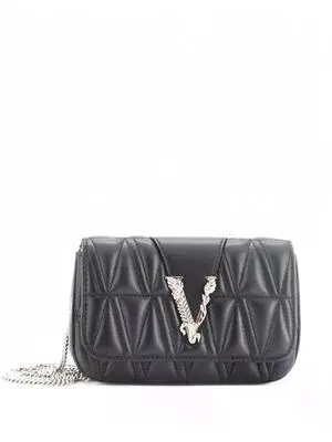 Versace Virtus Chain Flap Shoulder Bag Quilted Leather Mini Crossbody Bag - Black