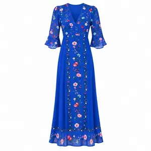 ROSE & NANCY Tory Botanical Floral Border Print Maxi Dress - Blue