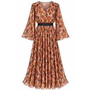 TRAFFIC PEOPLE Autumn's Blessing Brown Red Print Circe Long Sleeve Maxi Dress - Brown/red