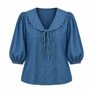 ROSE & NANCY Olive Denim Tencel Collar Blouse - Blue