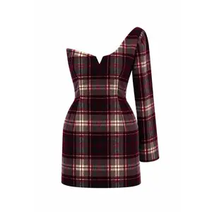 KHRIS K Burgundy Tartan Velvet Asymmetric Mini Dress - Red