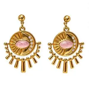 BY OZGE Celestial Love Rose Quartz-effect Sun & Moon Gold-tone Steel Drop Earrings - Pink