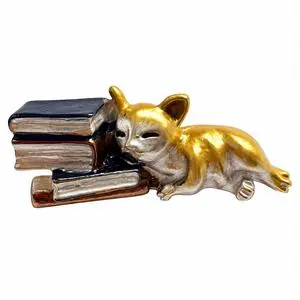 BY OZGE Bookish Dreams Sleeping Cat Enamel Gold Tone Statet Brooch - Gold/blue/yellow