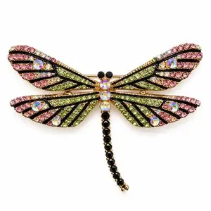 BY OZGE Lucky Dragonfly Multicolour Sparkling Gold Plated Statet Brooch Multicolour - Green/black/pink