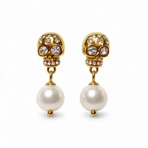 JAGGED HALO JEWELRY Meto Skull & Pearl Drop Earrings Stainless Steel Yellow Plated - Gold