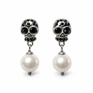 JAGGED HALO JEWELRY Meto Skull & Pearl Drop Earrings Stainless Steel White Gold Plated - Silver