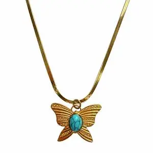 BY OZGE Turquoise Transformation Butterfly Gold Plated Steel Herringbone Necklace Blue - Blue/gold