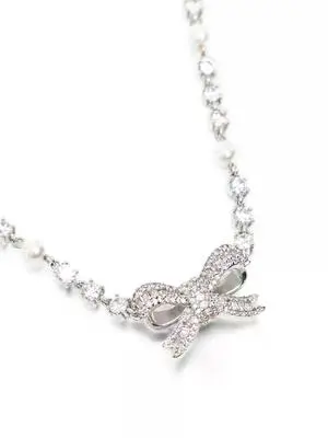SELF-PORTRAIT Crystal Pearl Bow Necklace - Silver