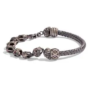 EBRU JEWELRY Skull Bead Braided Oxidized Sterling Bracelet - Silver