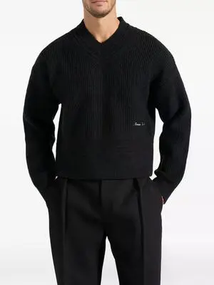 Manière De Voir Remi In Signature Ribbed Wool-blend V-neck Sweater - Black
