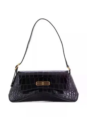 Balenciaga Xx Flap Street Shoulder Bag Crocodile Embossed Leather Small Hobo Bag - Black