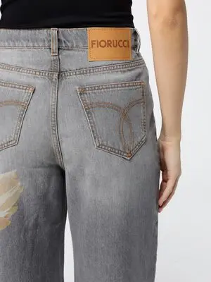 Fiorucci High-waisted Wide Leg Jeans In Cotton Denim With Graphic Print