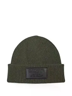 Balmain Wool Beanie With Leather Vintage Label - Green