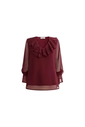 JAMES LAKELAND Burgundy Sheer-sleeve Ruffle Blouse - Red