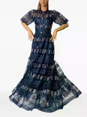 MIAU BY CLARA ROTESCU Eiran Floral-embroidered Tiered Maxi Dress - Blue