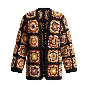 ANA CHIC Sunburst Granny Square Handmade Crochet Cardigan - Black