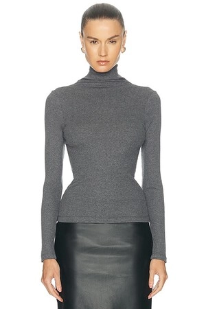 Enza Costa Cashmere Rib Turtleneck Top - Heather Grey