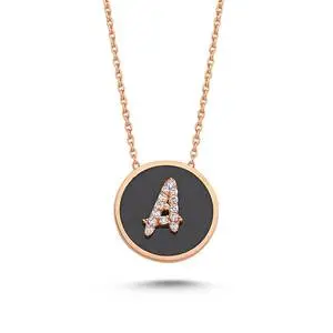 ECCE ARTISAN DIAMONDS 14k Solid Rose Gold Enamel Full Diamond Initial Necklace A Letter - Black