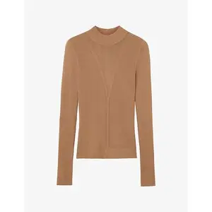 REISS Selene Sheer-detail Long-sleeve Knitted Top - Camel