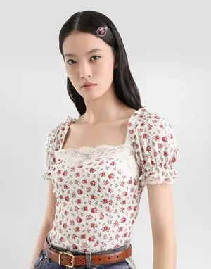 Dolce & Gabbana Small Rose-print Charmeuse Top Shirts And Tops