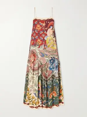 Farm Rio Lunar Boho Bead-embellished Gathered Printed Satin Midi Dress - Multi