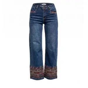TANTRA SPAIN SL High-waisted Jeans With Ethnic Patterns On The Hem And Front Fockets - Blue