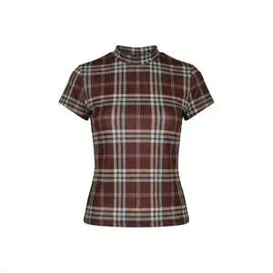 ANOTHER GIRL Blue Checkered Mesh High Neck Top - Brown