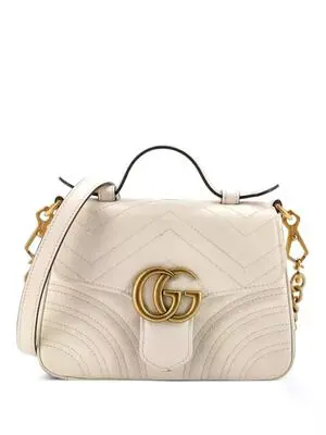 Gucci Gg Marmont Top Handle Flap Bag Matelasse Leather Mini Satchel - White
