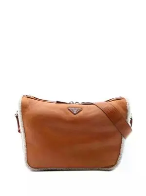 Prada 2013-2026 Vitello Daino With Shearling Trim Crossbody Bag - Brown