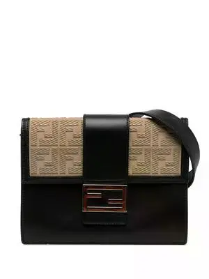 Fendi 2010-2026 Calfskin And Canvas Ff 1974 Flat Baguette Crossbody Bag - Black