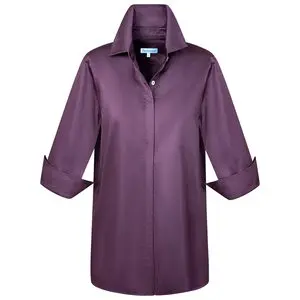 PERLAVERA Cely Burgundy Solid Cotton Satin Three Quarter Sleeve Length Missy Fit Shirt - Brown