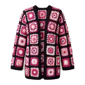 ANA CHIC Black & Handmade Crochet Long Cardigan - Pink