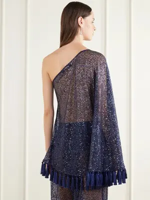 TALLER MARMO One-shoulder Fringed Sequined Mesh Mini Dress