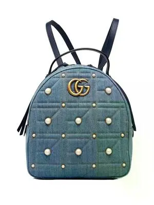 Gucci 2016-2026 Small Gg Marmont Pearl Studded Matelasse Denim Backpack - Blue