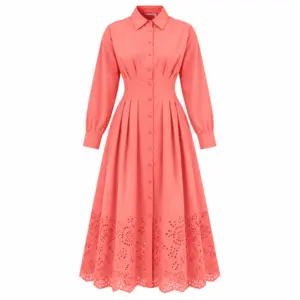EXQUISE Faun Shirt Collar Long Sleeve Embroidered Midi Dress - Pink